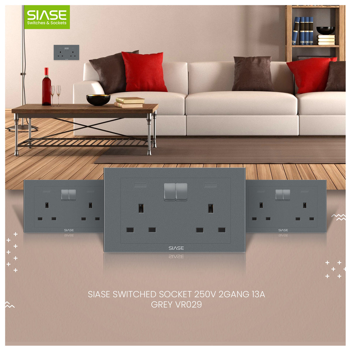 SIASE Switched Socket 250V 2Gang 13A - Grey - VR029 – SlymFitting